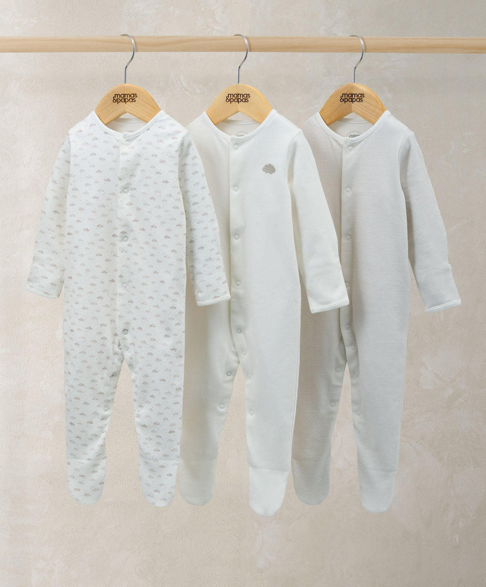 Sleepsuits (Pack of 3) - Cloud Stripe & Placement Prints – Mamas & Papas UK
