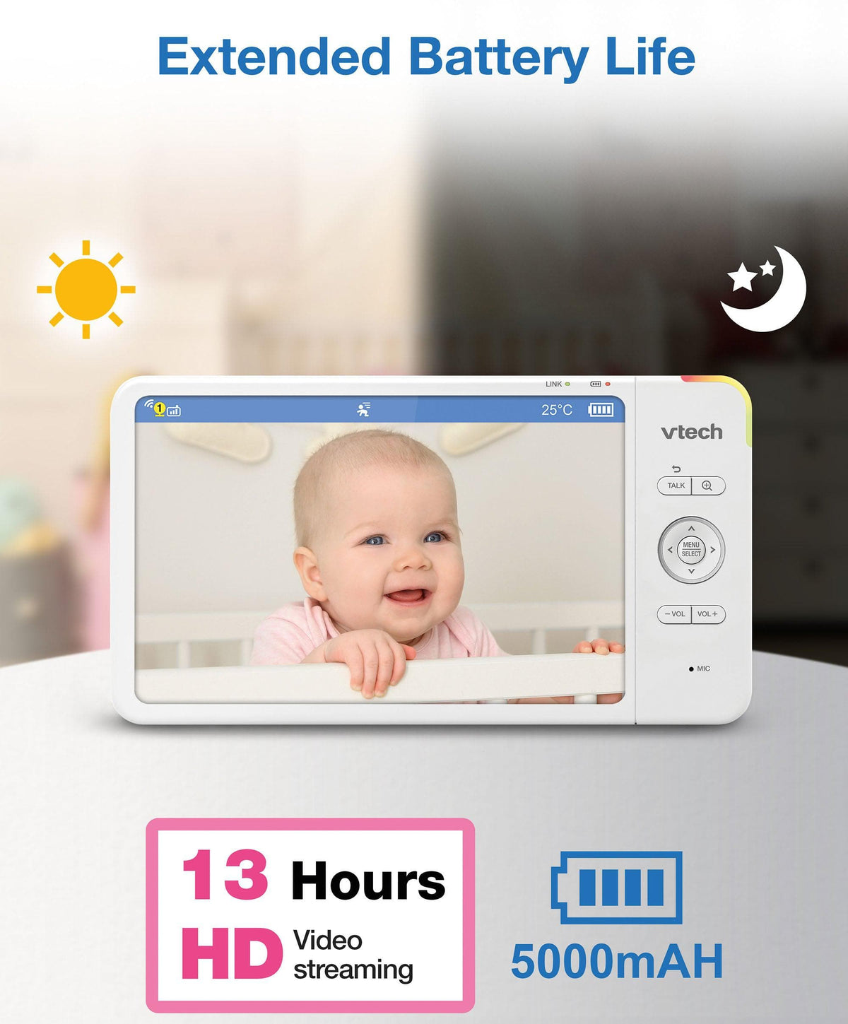 VTech VM7367HD 7” HD Pan & Tilt Video Monitor – White – Mamas & Papas UK